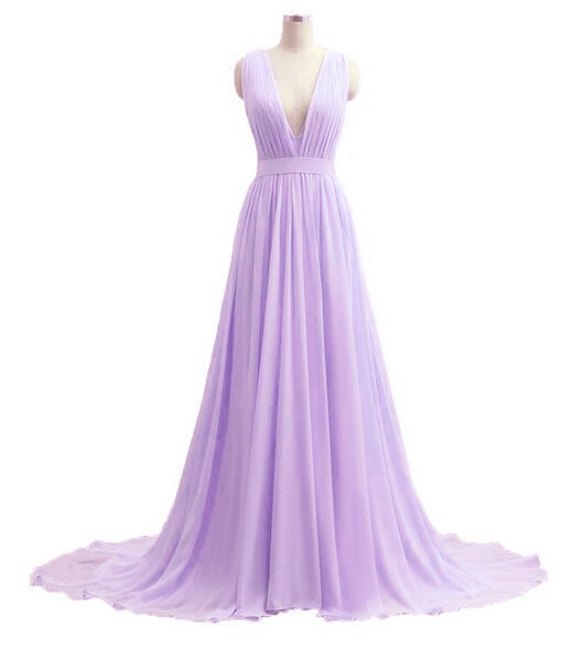Beautiful V-neckline Chiffon Lavender Long Prom Dress, Custom Lavender ...