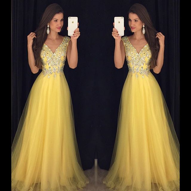 Prom Dress,modest Prom Dress,deep V Neck Long Yellow Prom Dresses 2017 ...