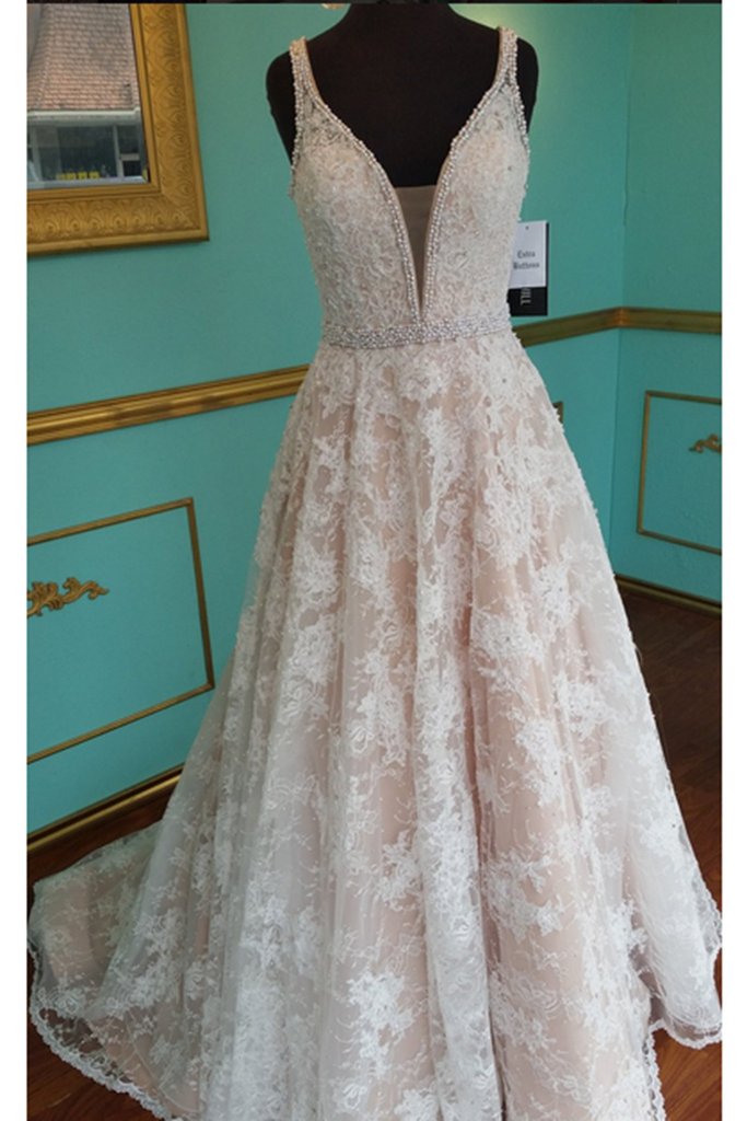 Champagne Lace V-neck A-line Long Pearl Long Prom Dress For Teens ...