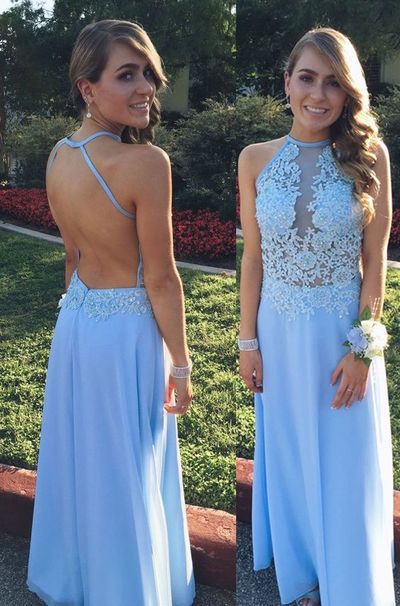 Gorgeous Halter Long Light Blue Chiffon Prom Dress With Open Back on Luulla