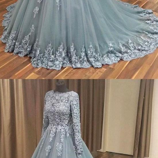 Gray Ball Gown Applique Tulle Long Prom Dress Gray Evening Dress on Luulla