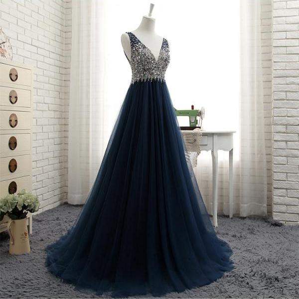 Navy Blue A-line Beading Long Prom Dress,formal Dresses on Luulla