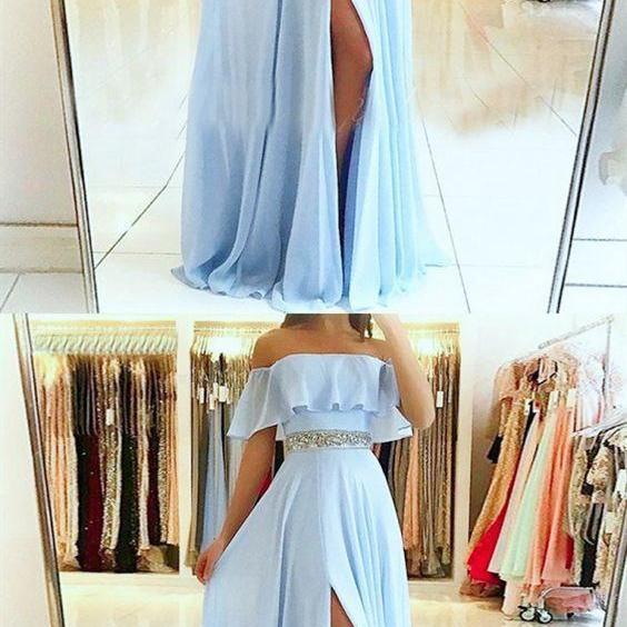 A-line Off The Shoulder Split Front Blue Chiffon Prom Dress With ...
