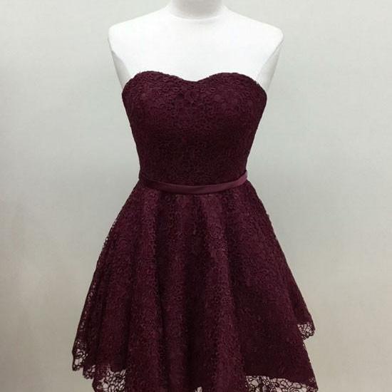 Cute Burgundy Lace Short Prom Dress, Burgundy Short Homecoming Dress on ...