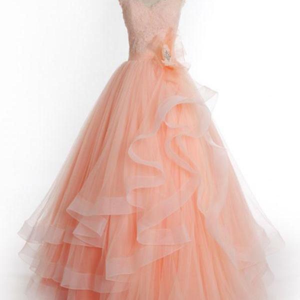 Peach Lace Princess Prom Formal Dress With Cap Sleeves,pl0536 on Luulla