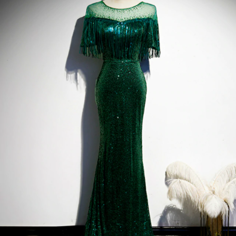 Dark Green Mermadi Sequins Tassel Short Sleeve Prom Dress,pl1104 on Luulla