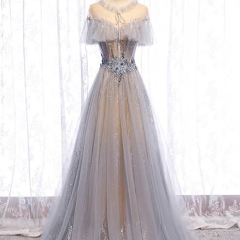 See Through Gray Tulle Sparkle Appliques A Line Prom Dress,pl1302 on Luulla