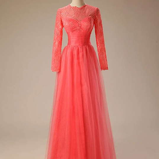Coral Red Long Sleeves Lace Formal Prom Evening Dress,PL1827 on Luulla