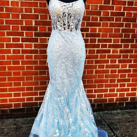Mermaid Light Blue Long Prom Dress With Spaghetti Straps,pl2413 on Luulla