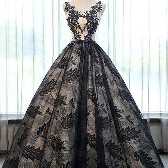 Chic Black Prom Dress Modest Beautiful Lace A Line Long Prom Dress ...