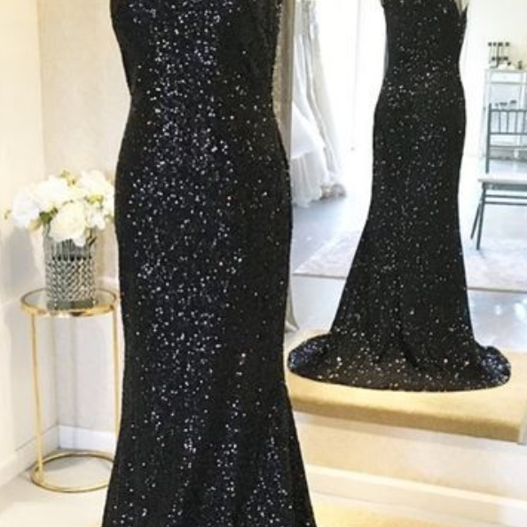 Gorgeous Sparkly Sequins Prom Dress, Black Bridesmaid Dress, Glitter ...