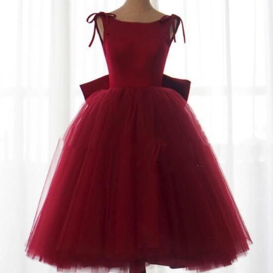 Charming Dark Red Tulle Vintage Tea Length Party Dress, Formal Dress ...
