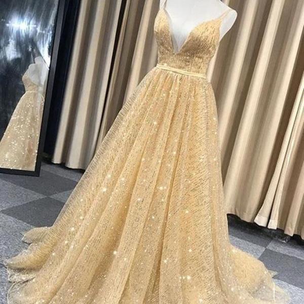 Shiny V Neck Backless Long Golden Prom Dress, Sparkly Golden Formal ...