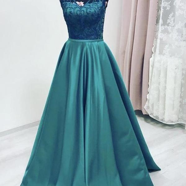 Elegant V Neck Green Lace Long Prom Dress, Green Lace Formal Graduation ...