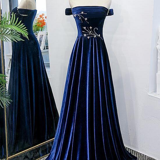 Blue Velvet Beaded Elegant Off Shoulder Evening Dress, Blue Long Prom ...