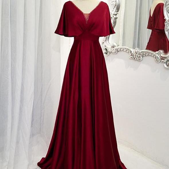 Dark Red Satin A-line Floor Length Evening Dress, Wine Red Wedding ...