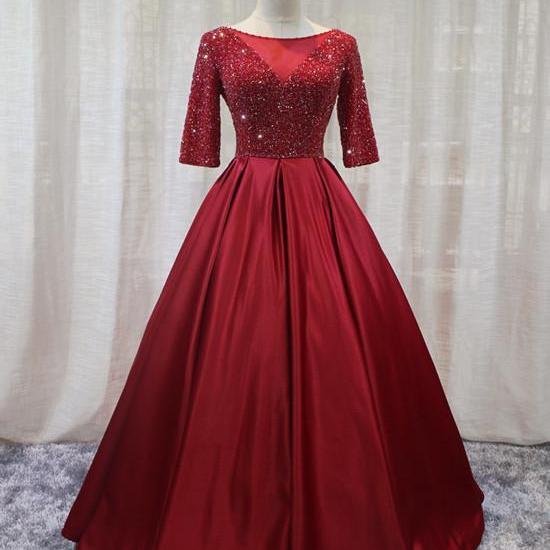 Gorgeous Red Handmade Beaded Short Sleeves Party Gown, Red Prom Gown ...