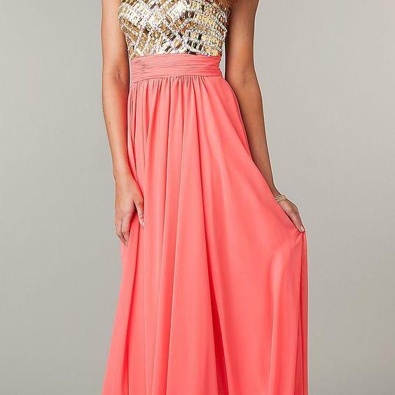 Jeweled Bodice Long Coral Prom Dress, Chiffon Strapless Sweetheart ...