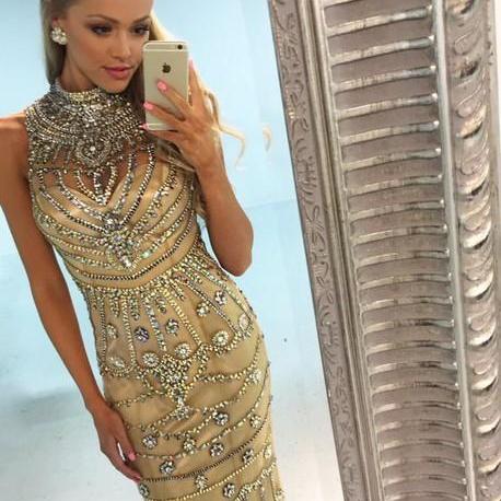 2016 Custom Charming Champagne Beading Prom Dress,Sexy See Through ...