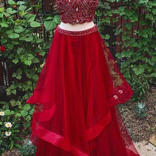 Luxury Red Tulle Beading Two Pieces Halter A-line Long Prom Dresses ...