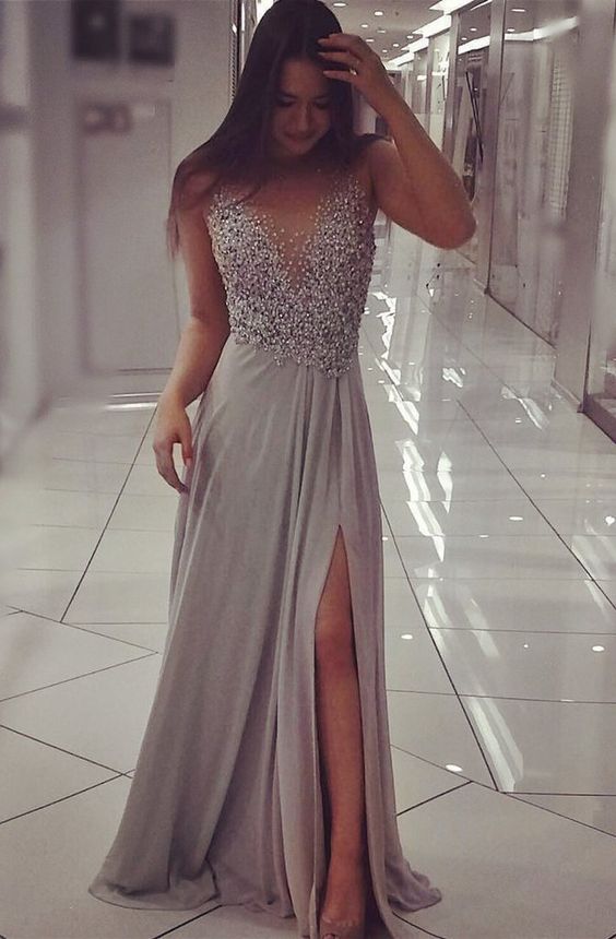 2017 Custom Made Grey Chiffon Sparkly Beaded Prom Dress With Slit,sexy ...