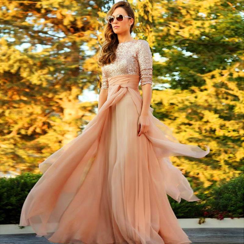 Gorgeous Full Sleeve Muslim Prom Dresses Sequin Chiffon Champagne Long ...