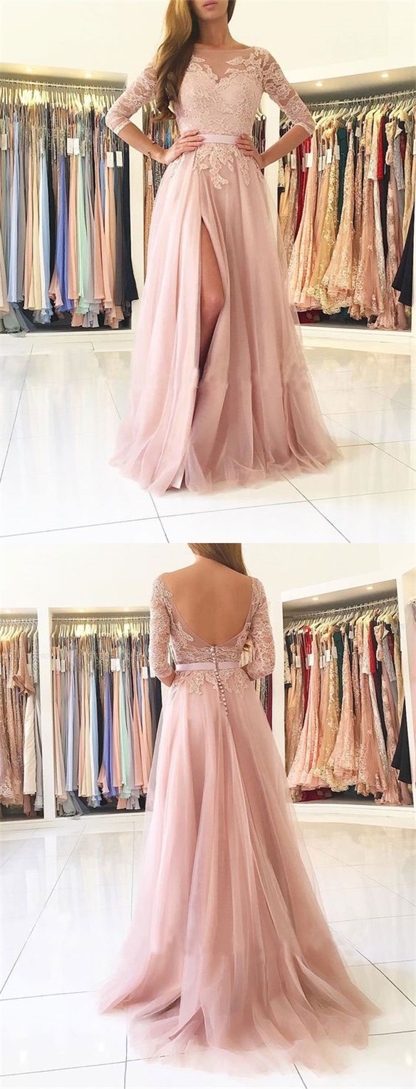 Long Sleeves Split Side Long Prom Dresses With Appliques Lace on Luulla