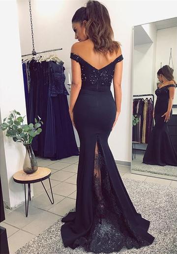 V Neck Long Navy Blue Mermaid Evening Dresses Lace Off The Shoulder ...