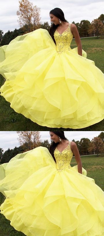 Yellow Prom Gown, Long Prom Dresses,2018 Ball Gown,v-neck Sleeveless ...