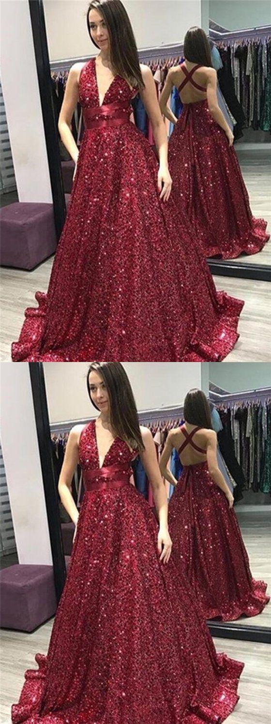 V-neck Dark Red Sequin Long A-line Shiny Prom Dresses on Luulla