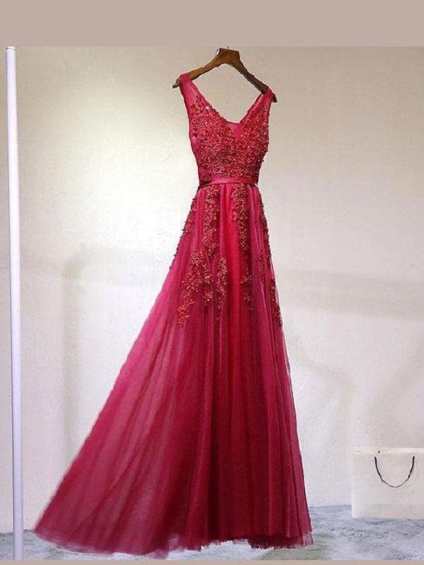Red Lace Appliques See Through Prom Dress Long Party Graduation Dress ...