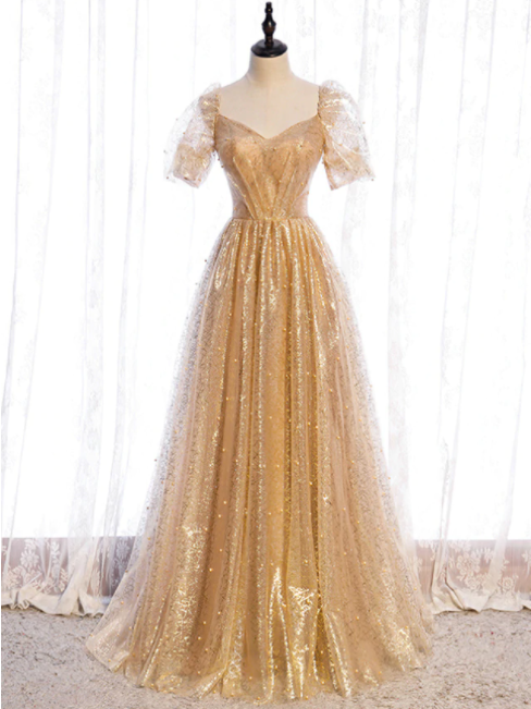 Gold Tulle Sequins Square Short Sleeve Pearls Prom Dress,pl1188 on Luulla