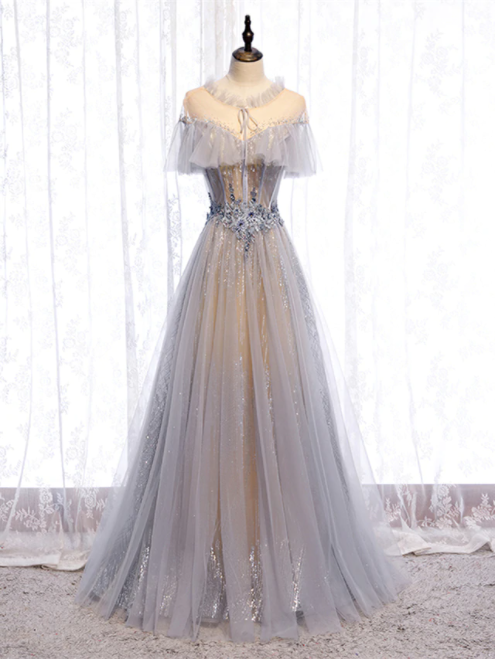 See Through Gray Tulle Sparkle Appliques A Line Prom Dress,pl1302 on Luulla