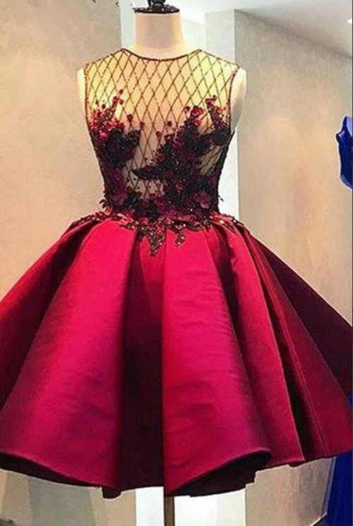 See-through Red Homecoming Dress Satin Short Party Dress With Beading ...