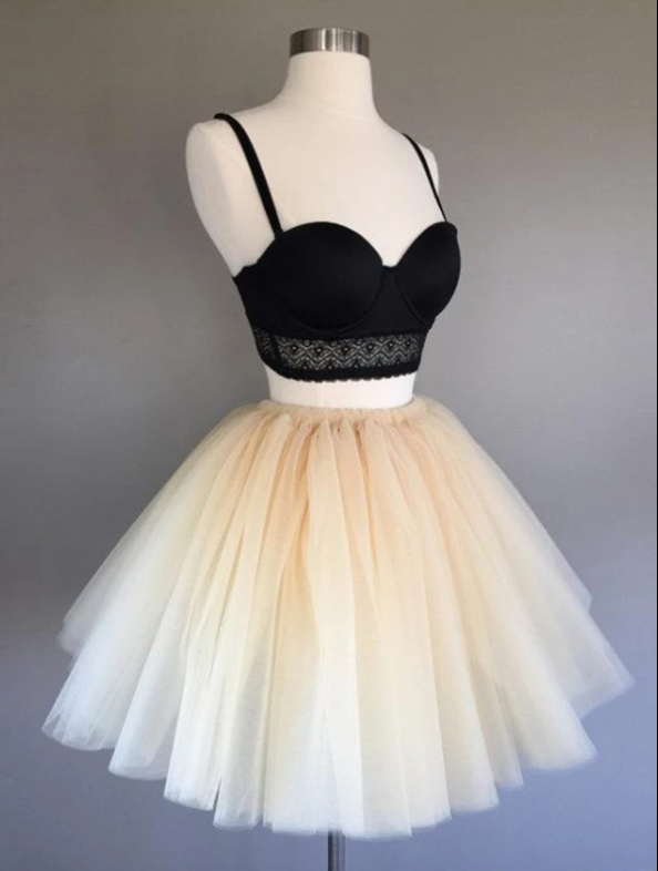 Two Piece Black Homecoming Dress A Line Tulle Short Prom Drsess Pl1706
