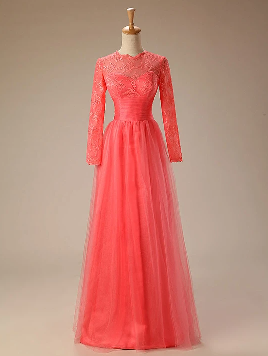 Coral Red Long Sleeves Lace Formal Prom Evening Dress,PL1827 on Luulla