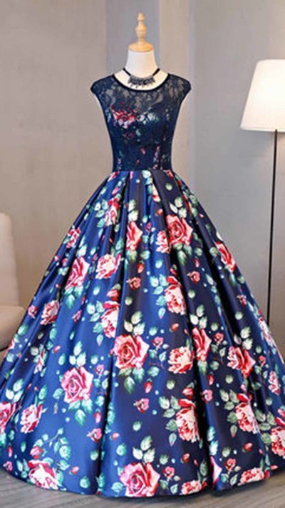 Luxury Prom Dresses, Printing Flowers Prom Gown,cap Sleeve Prom Dress ...