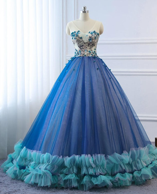 Prom Ball Gown Dresses Long Blue Evening Dresses Floral Tulle Dress ...