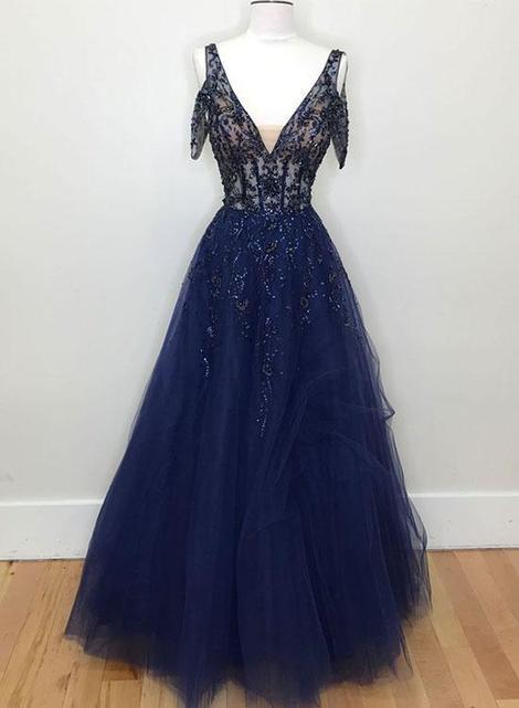 Dark Blue V Neck Tulle Beads Long Prom Dress, Evening Dress,pl2479 on ...