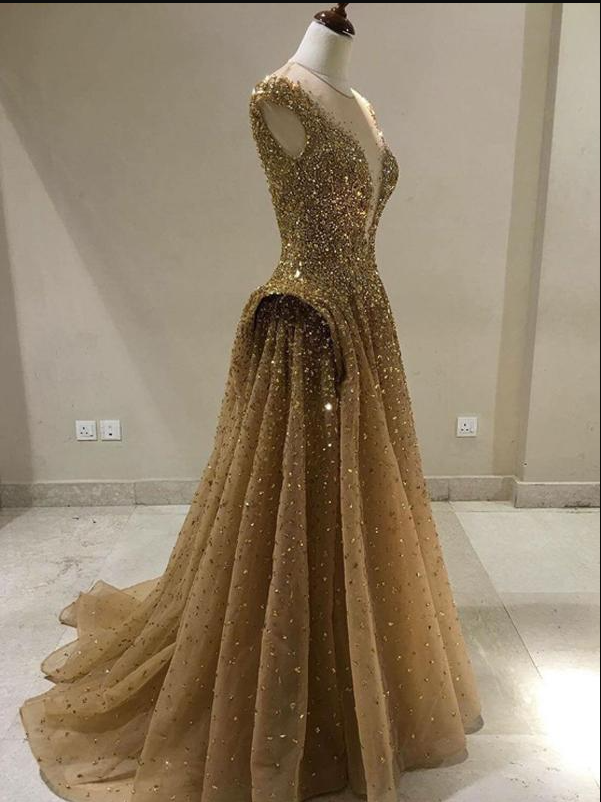 Gold Prom Dress A-line Scoop Custom Made Unique Long Prom Dress,pl2558 ...