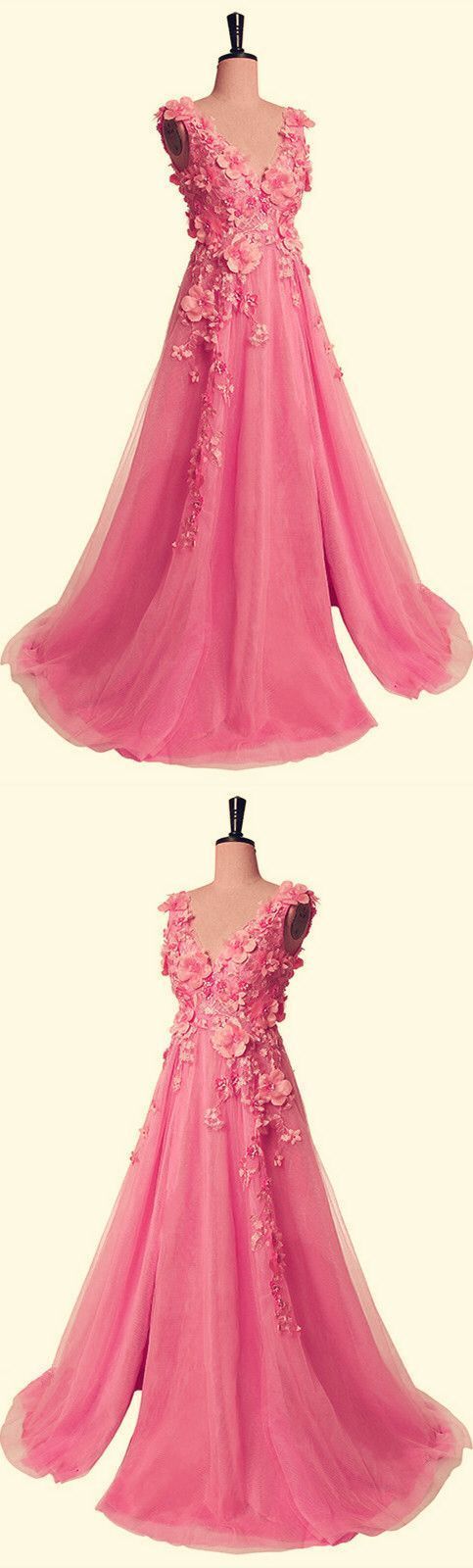 Blush Punk Tulle Prom Dresses Split Evening Gown With Flowers,pl2750 on ...