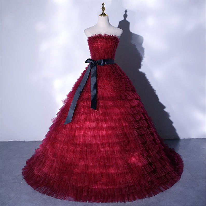 Black Sash Burgundy Red Quinceanera Dress Puffy Tiered Prom Dress Tulle ...