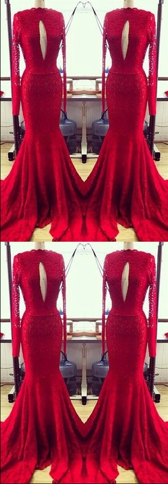 Red Long Sleeves Cut Out Lace Prom Dresses Mermaid Evening Dresses ...