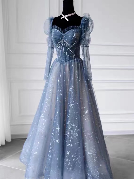 Unique,long Sleeve Prom Dress,frozen Blue Dress, Temperament Evening ...