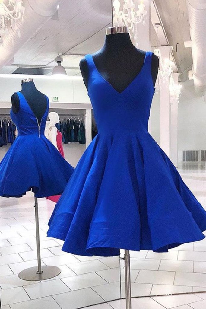 V Neck And V Back Short Blue Prom Dress, Open Back Blue Homecoming ...