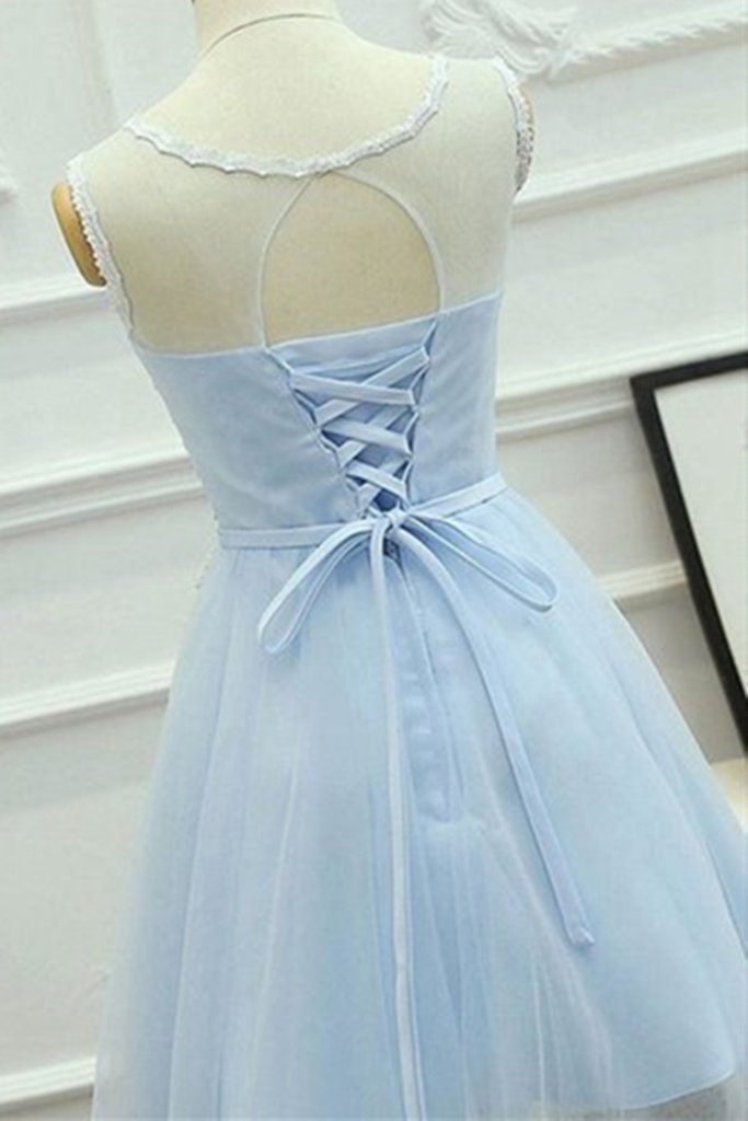 A Line Round Neck Lace Blue Short Prom Dress, Short Blue Lace Formal ...