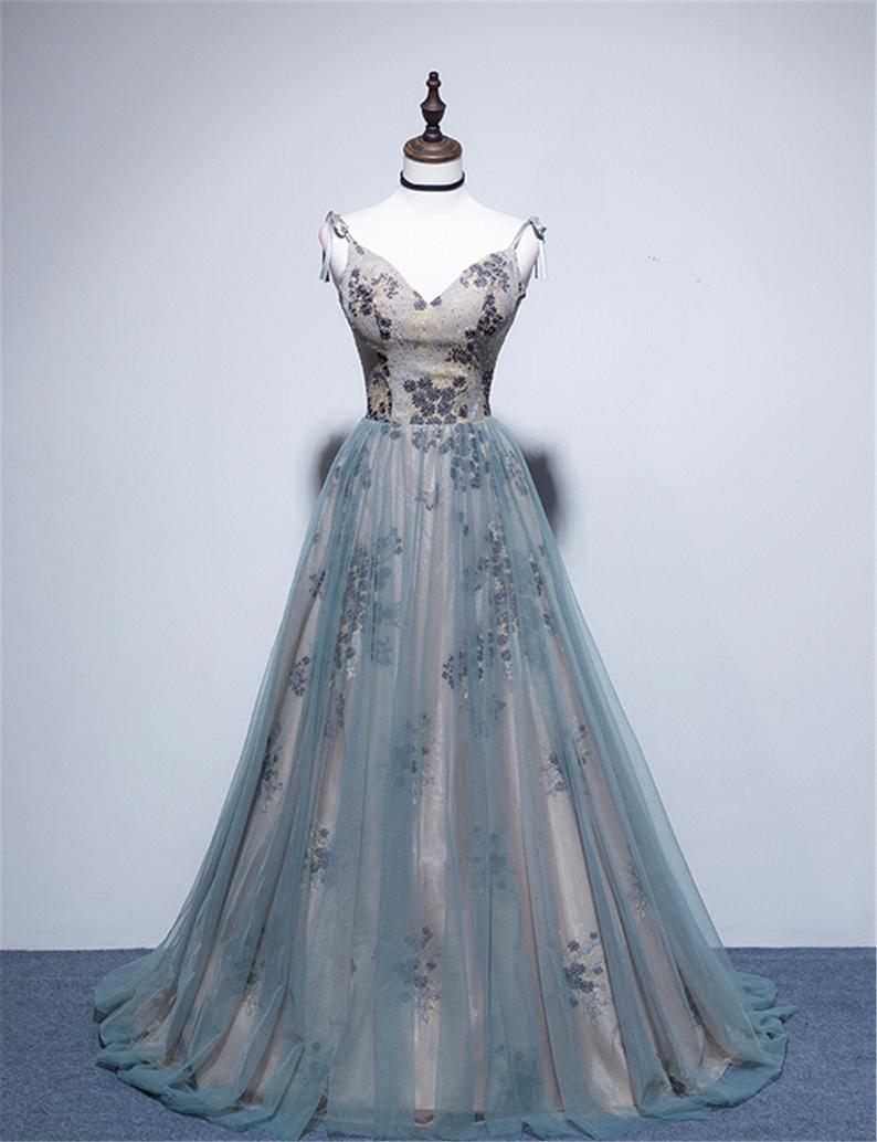 Light Blue V-neck Prom Dress Long,embroidery Prom Gown,beaded Evening ...