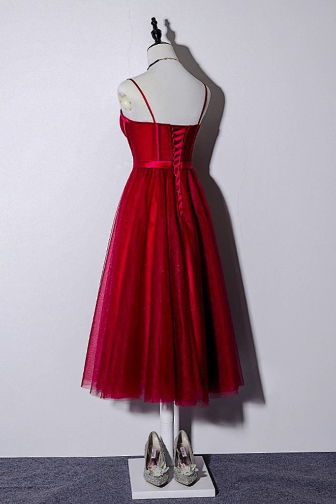 Beautiful Dark Red Tea Length Straps Wedding Party Dress, Homecoming ...