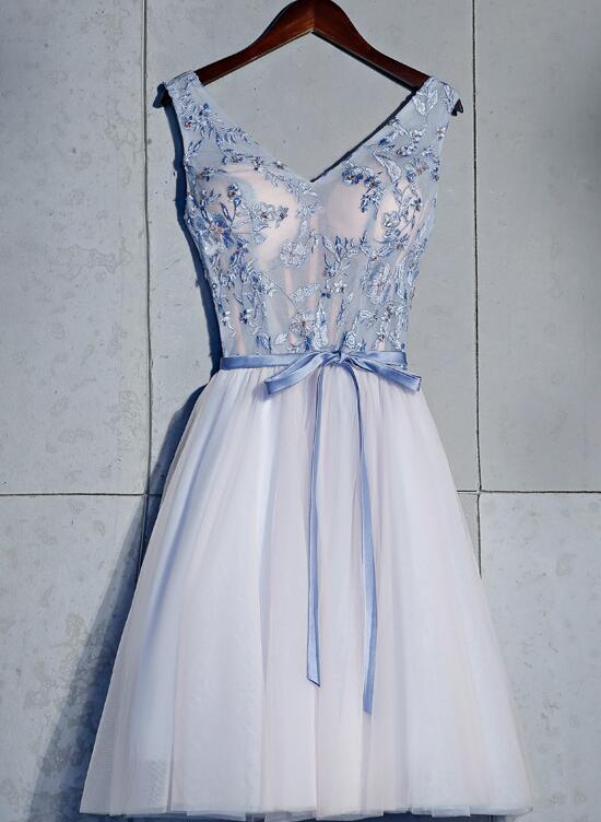 Short Blue Prom Dress A-line Homecoming Dress, V-neckline Prom Dress ...