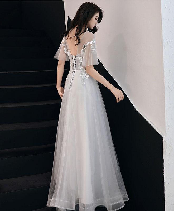 Gray Round Neck Tulle Lace Long Prom Dress, Gray Evening Dress,pl4715 ...